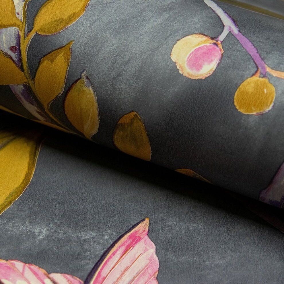 Lola Fruits Charcoal & Pink Chic Wallpaper | 197001