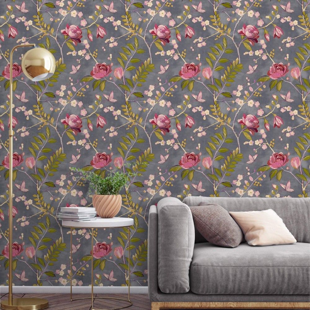 Lola Fruits Charcoal & Pink Chic Wallpaper | 197001