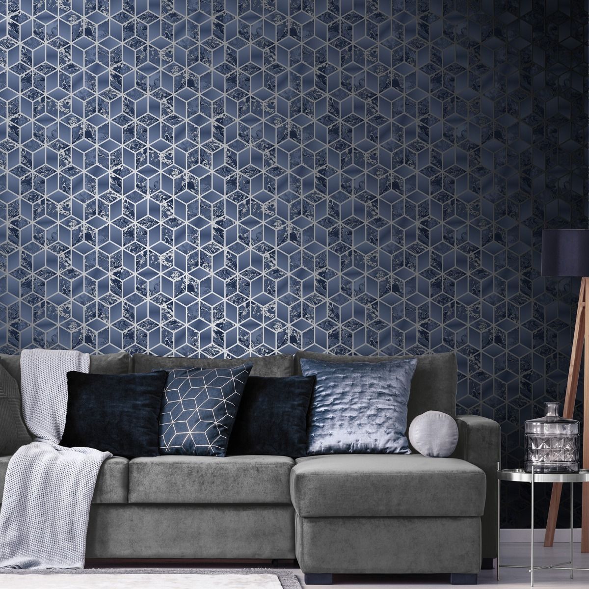 Elixir Cube Blue Silver | Navy Silver Geometric Wallpaper | 166512