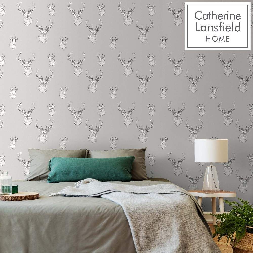 Stag Head Deer Light Grey Animal Woodland Wallpaper by Catherine ...