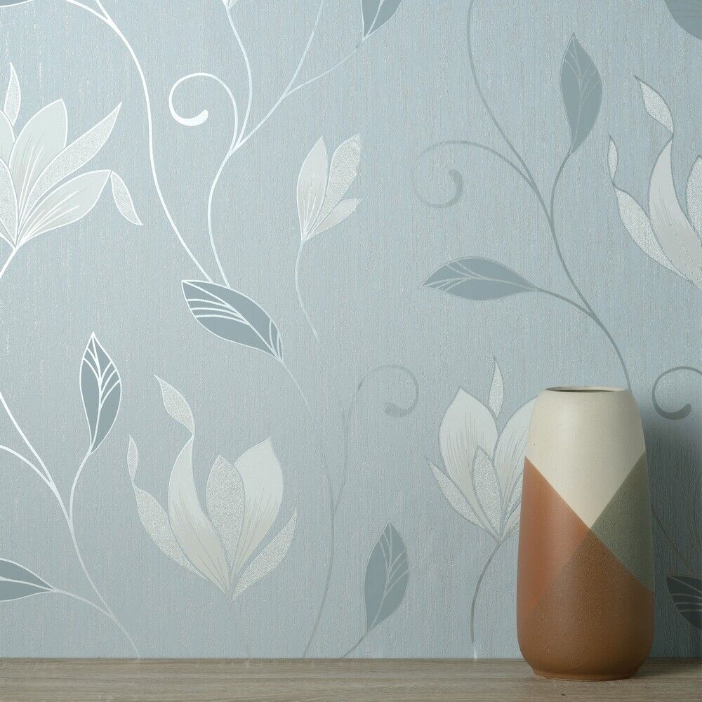 Crown Wallcoverings Synergy Floral Cream/Blue Glitter Wallpaper | M1740