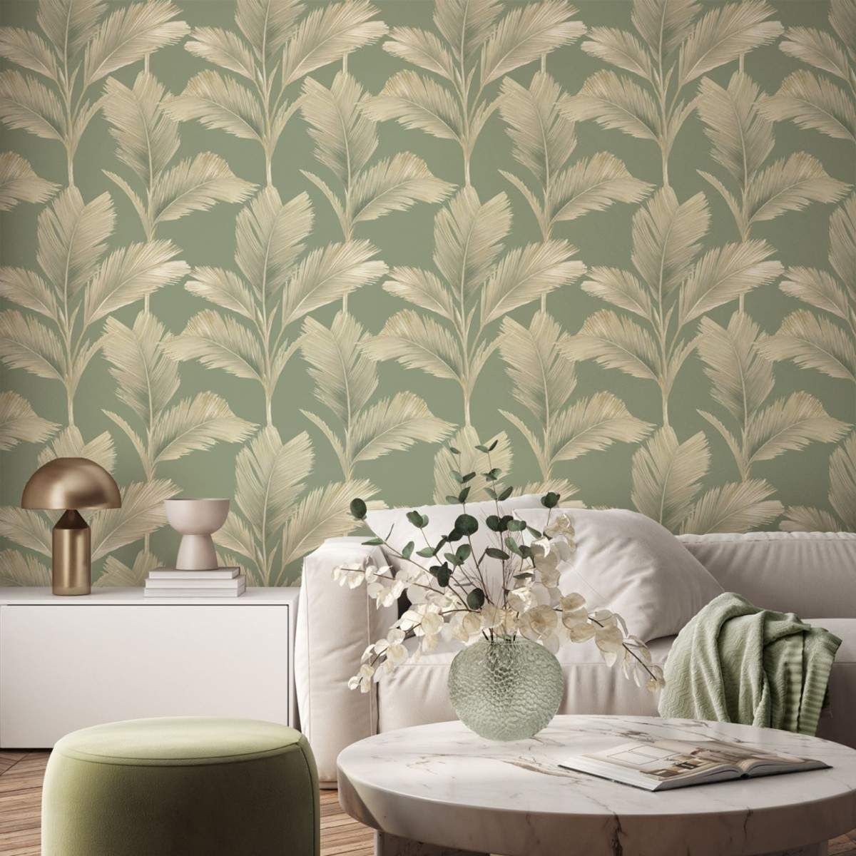 Kailani Palm Leaves Sage Green Wallpaper | 59120