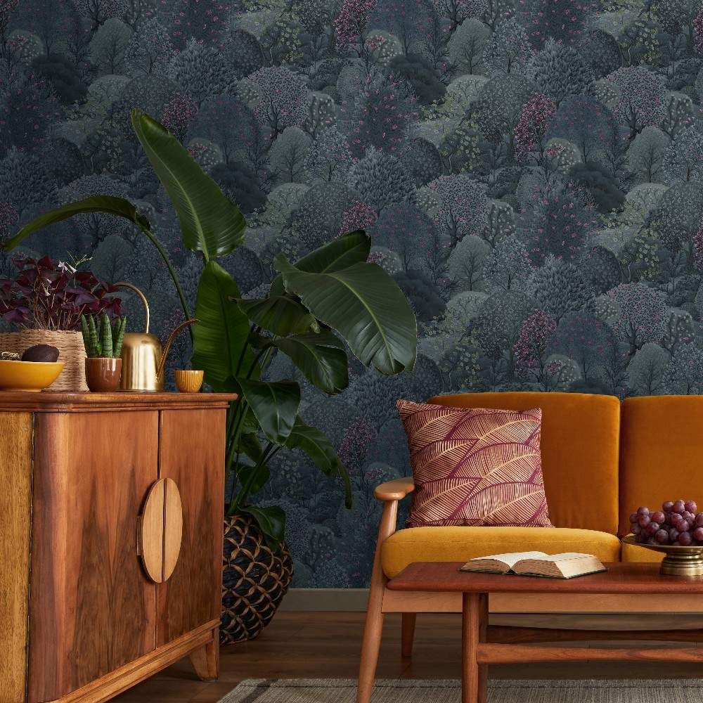 Tree Tapestry Navy & Berry Tranquil Forest Towering Trees Wallpaper ...