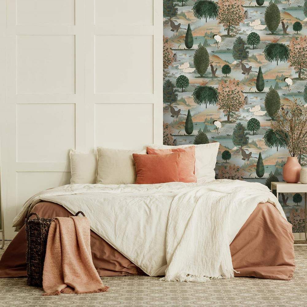 Swan Lake Nature Trees Birds Orange & Green Wallpaper 13490 | 13490