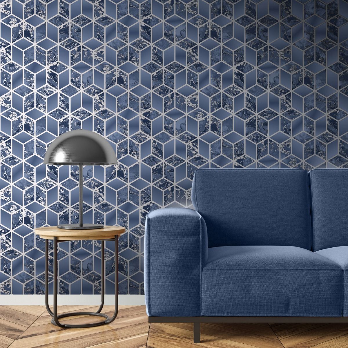 Elixir Cube Blue Silver | Navy Silver Geometric Wallpaper | 166512
