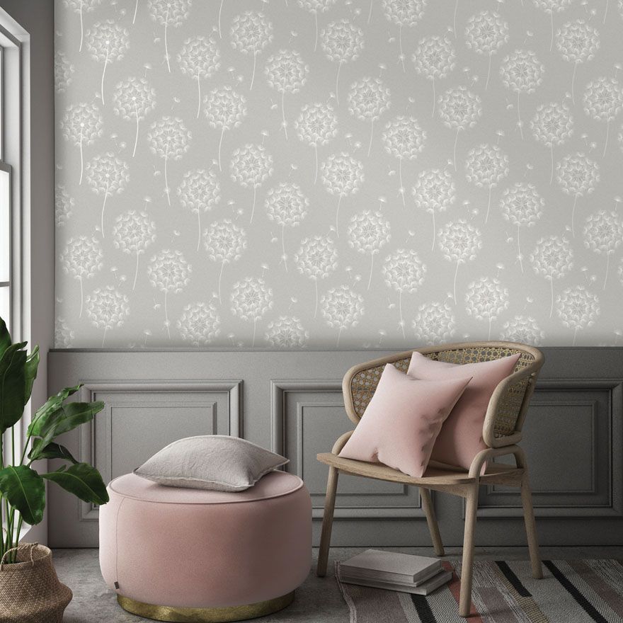 Allora Dandelion Grey | Grey Dandelion Wallpaper | 36001