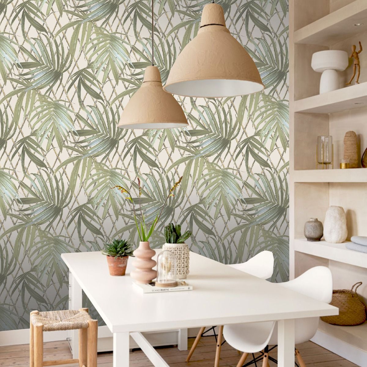 Paradise Palm Leaf Textured Heavyweight Vinyl Cream & Green Wallpaper 539561 | 539561