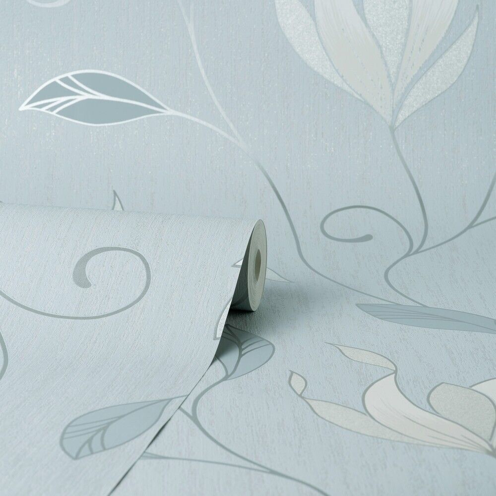 Crown Wallcoverings Synergy Floral Cream/Blue Glitter Wallpaper | M1740