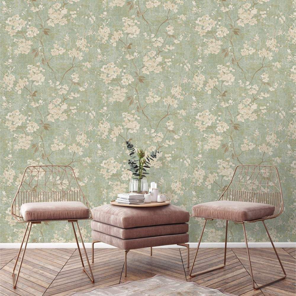 Anethe Blossom Sage Green & Cream Paul Moneypenny Collection Wallpaper ...