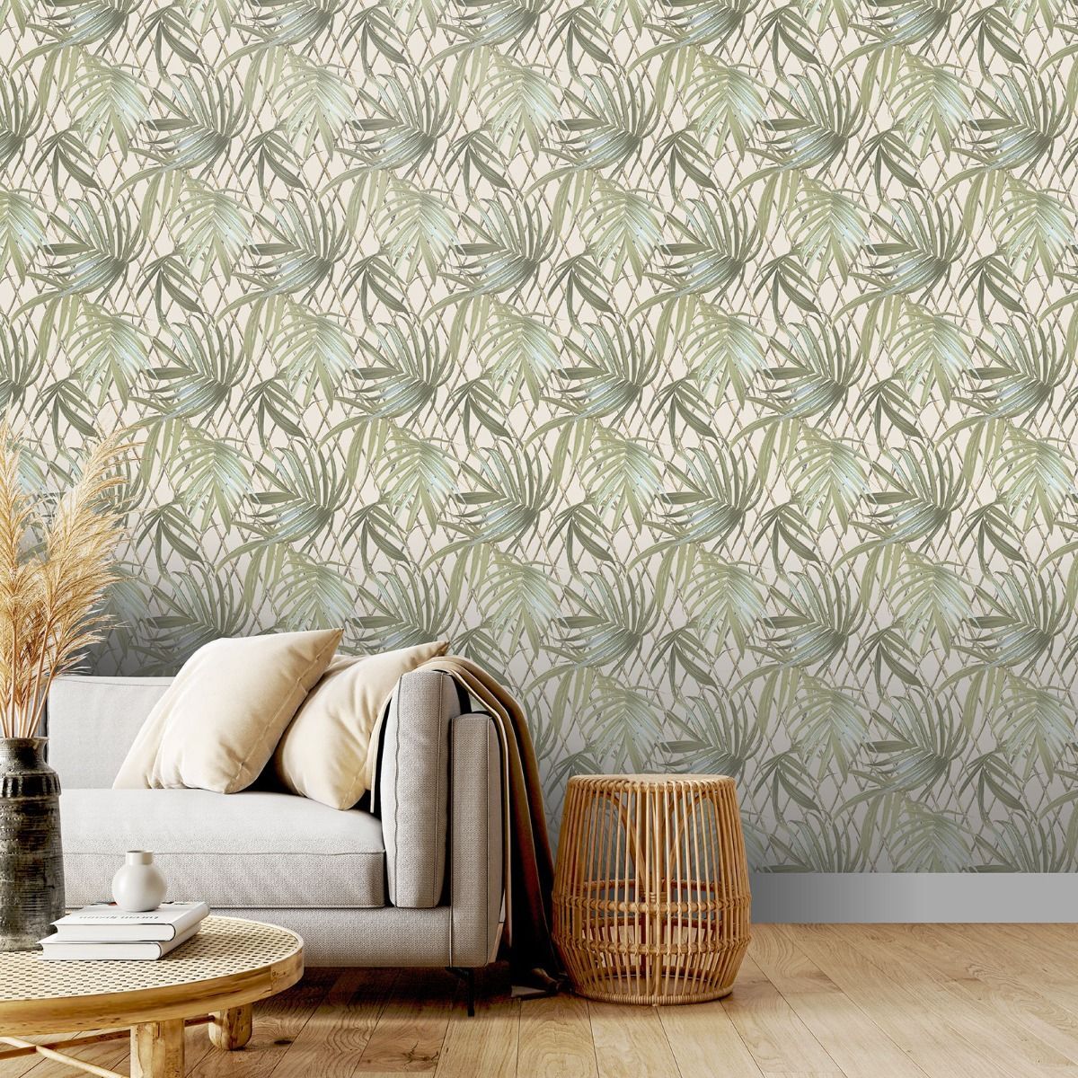 Paradise Palm Leaf Textured Heavyweight Vinyl Cream & Green Wallpaper 539561 | 539561