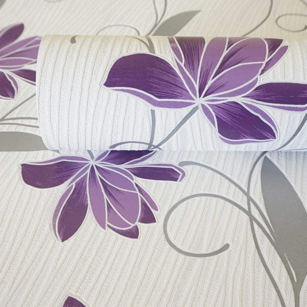 Lotus Floral Trail Purple Leaf Textured Blown Vinyl Wallpaper 3062-34 ...