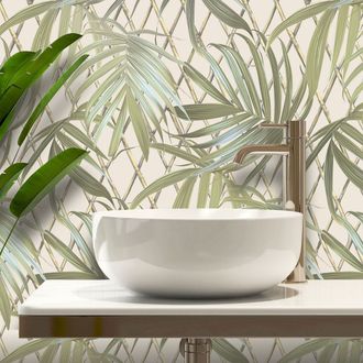 Paradise Palm Leaf Textured Heavyweight Vinyl Cream & Green Wallpaper 539561 | 539561