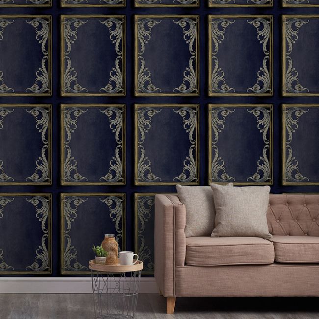 Rococo Panel Navy & Metallic Gold Paul Moneypenny Wallpaper | 191502