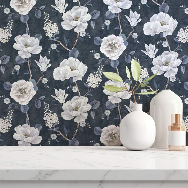Ashley Floral Navy Blue & Dove White Rose Flowers Wallpaper 925505 | 925505