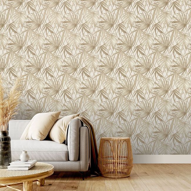 Paradise Palm Leaf Textured Heavyweight Vinyl Gold & Cream Wallpaper 539578 | 539578
