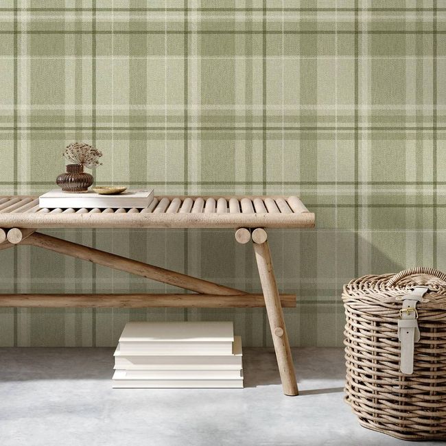 Harris Check Sage Green Herringbone Wallpaper | Crown | M1865