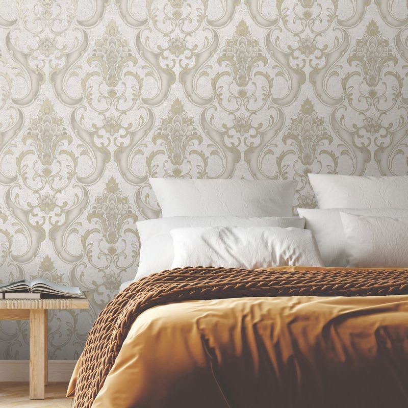 Sonta Damask Gold & Cream Italian Vinyl Wallpaper by Vasari 539769 | 539769