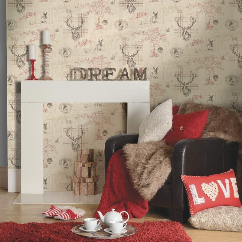 Richmond Highland Stag Cranberry & Linen Wallpaper 98010 | 98010